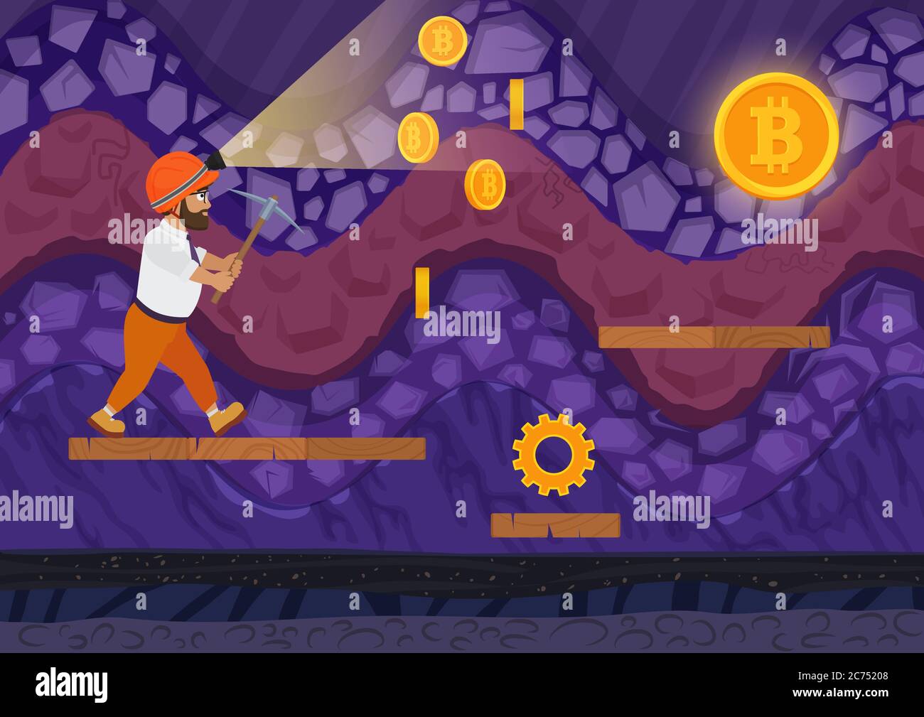 Vector illustration of man walking with pickaxe in bitcoin mine ...