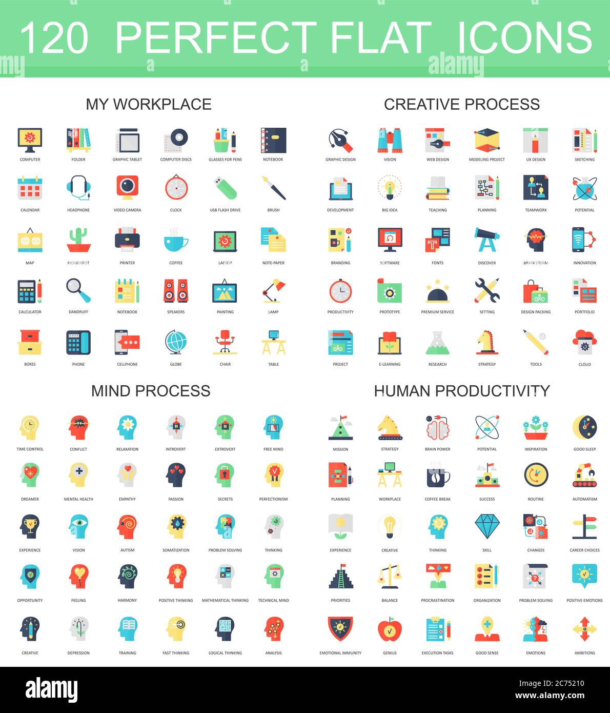 120 modern flat icons set of workplace, creative process, mind process ...
