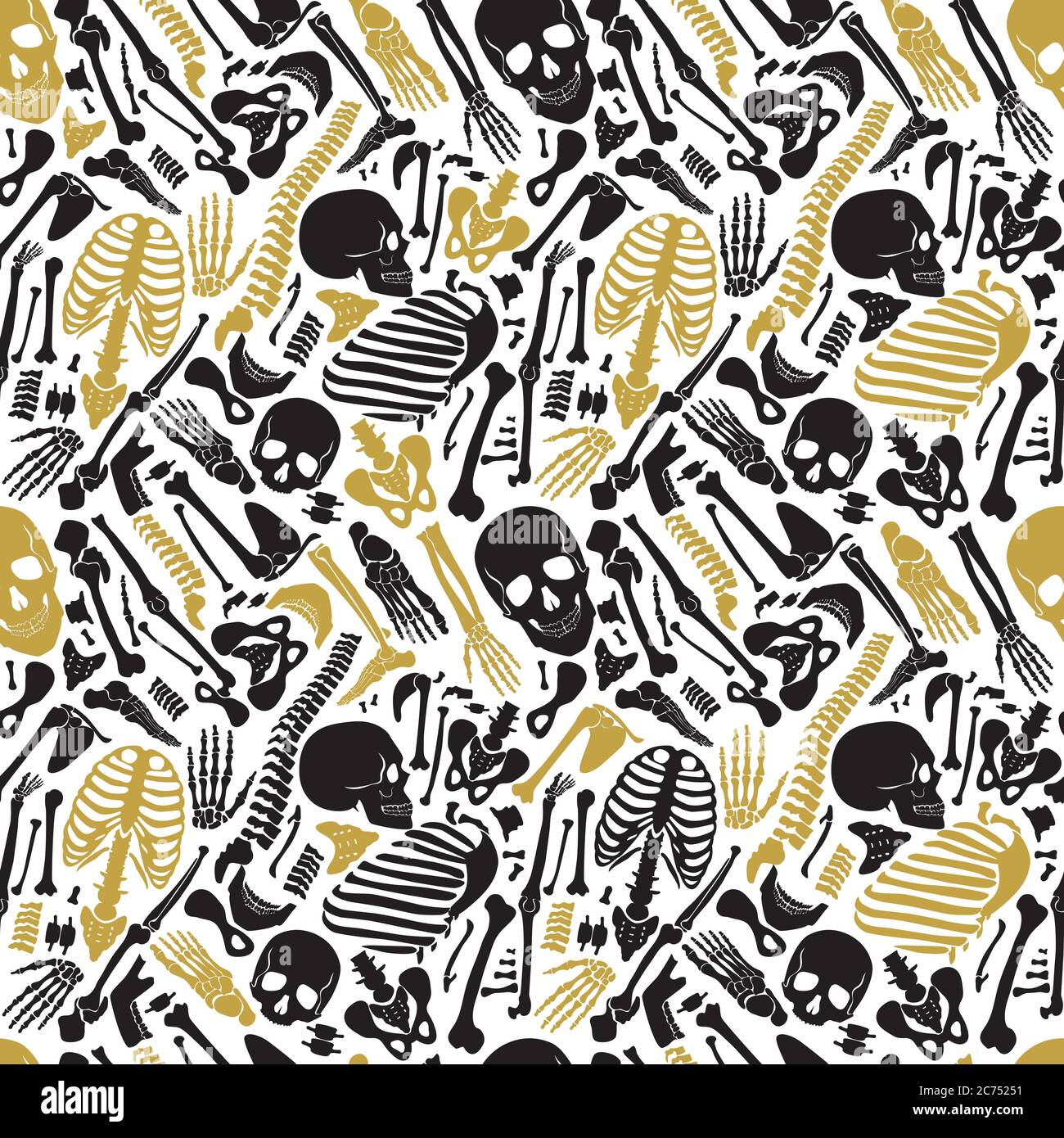 Vector human skeleton black golden luxury seamless pattern with skulls ...