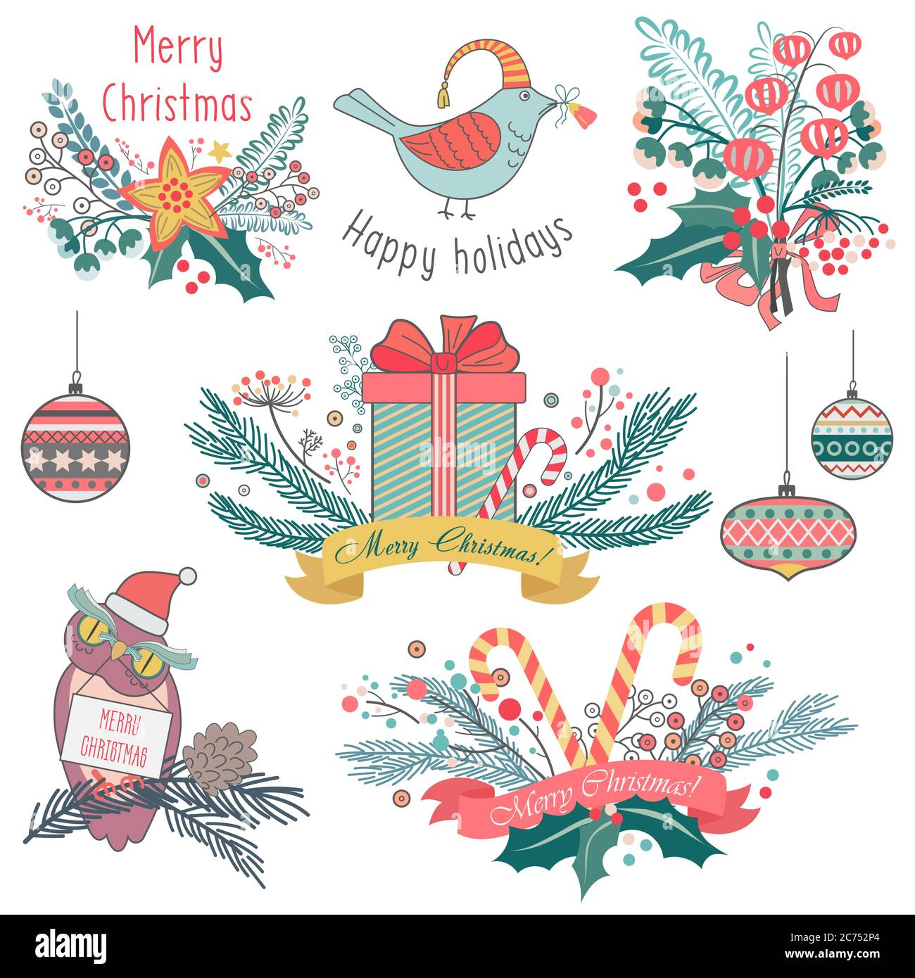 Vector illustration of different gifts, presents, animals and winter ...