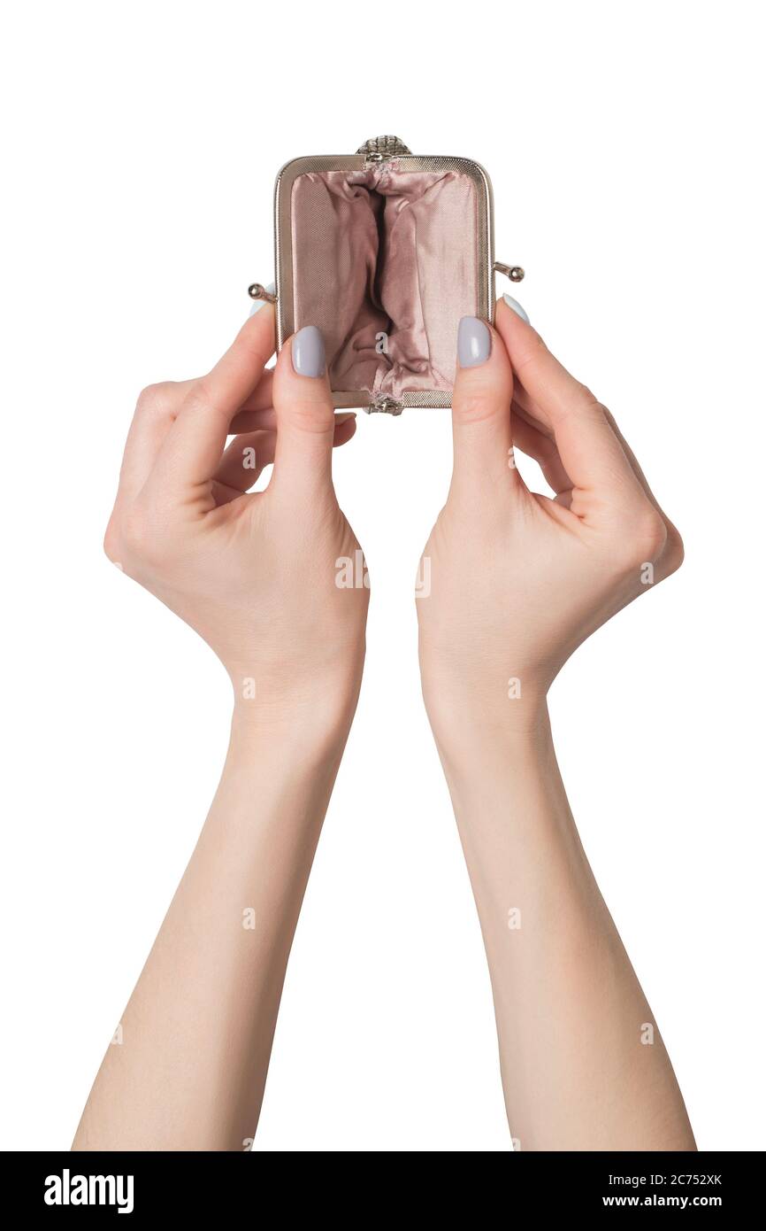 Empty open metal wallet in female hands isolate on white background ...