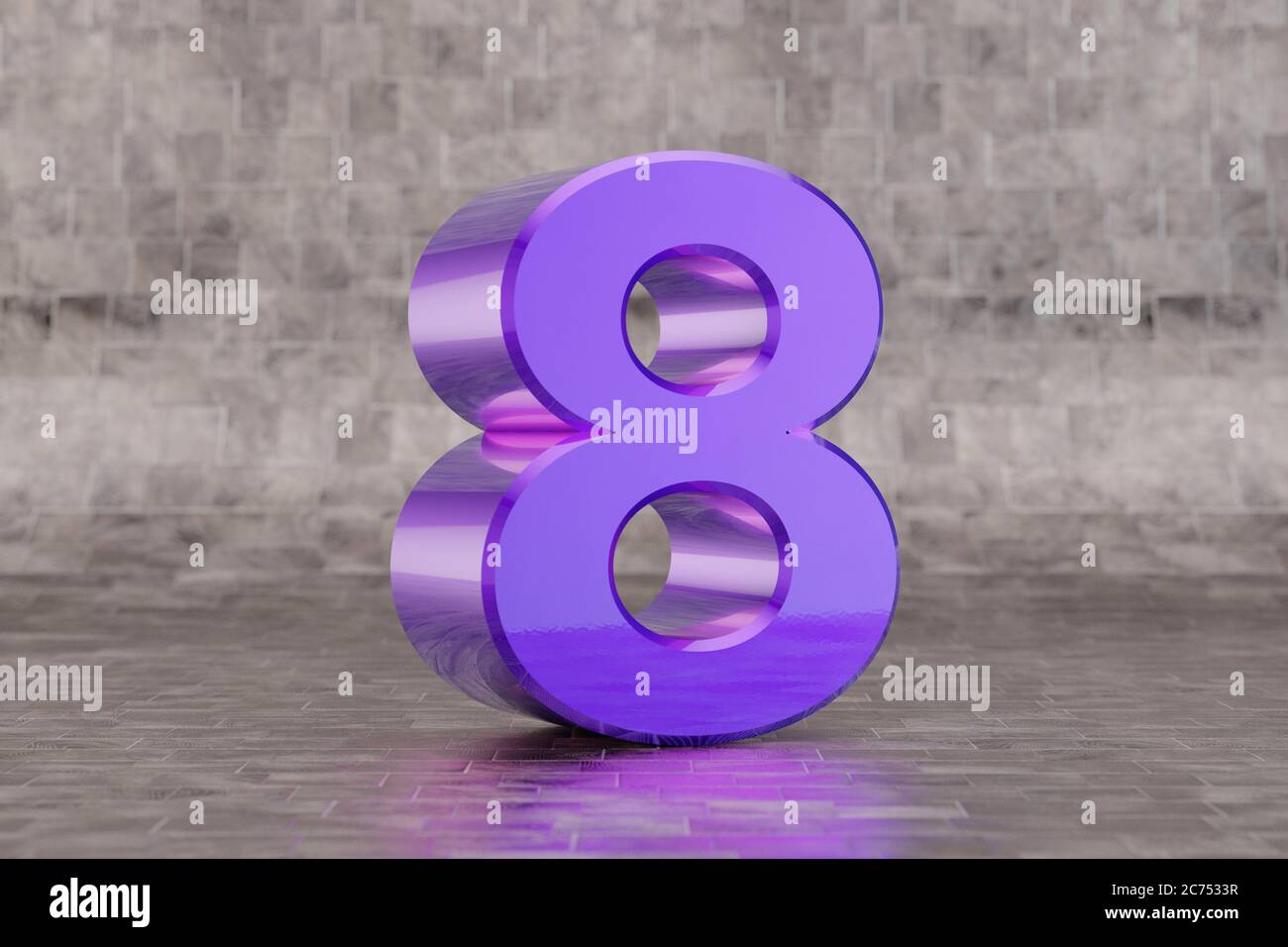 Violet 3d number 8. Glossy indigo number on tile background. Metallic ...