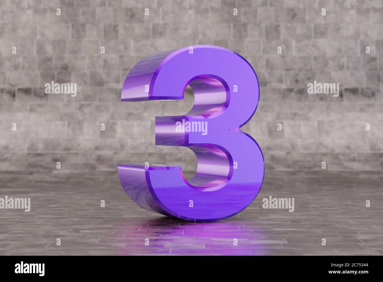 Violet 3d number 3. Glossy indigo number on tile background. Metallic ...