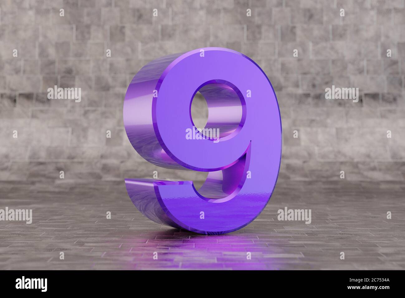 Violet 3d number 9. Glossy indigo number on tile background. Metallic ...