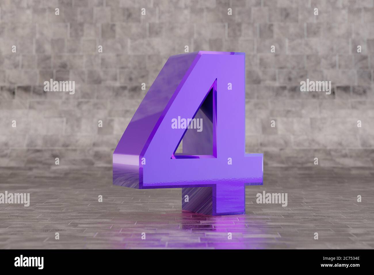 Violet 3d number 4. Glossy indigo number on tile background. Metallic ...