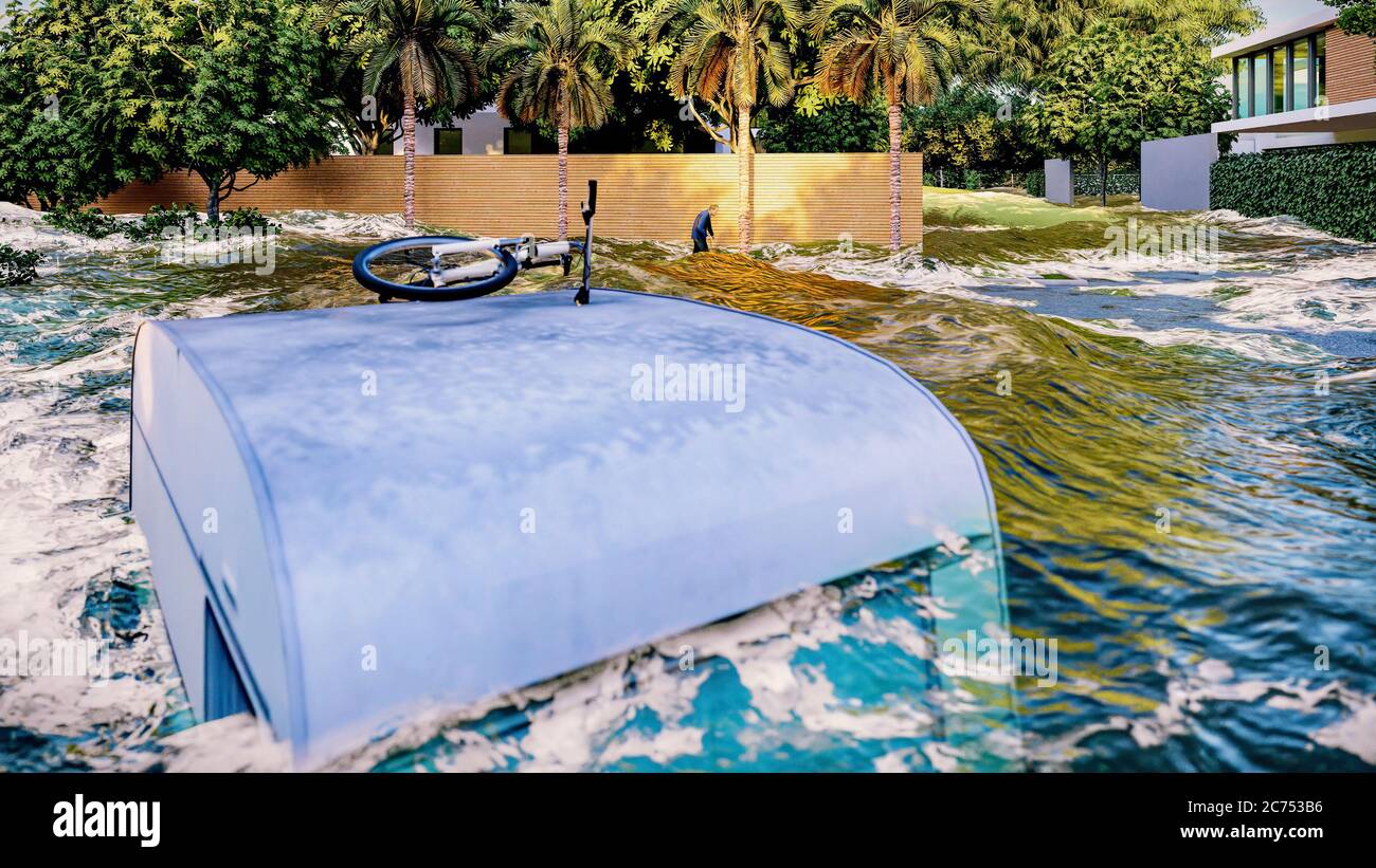 flooded road during a flood caused by heavy rain 3d rendering Stock ...