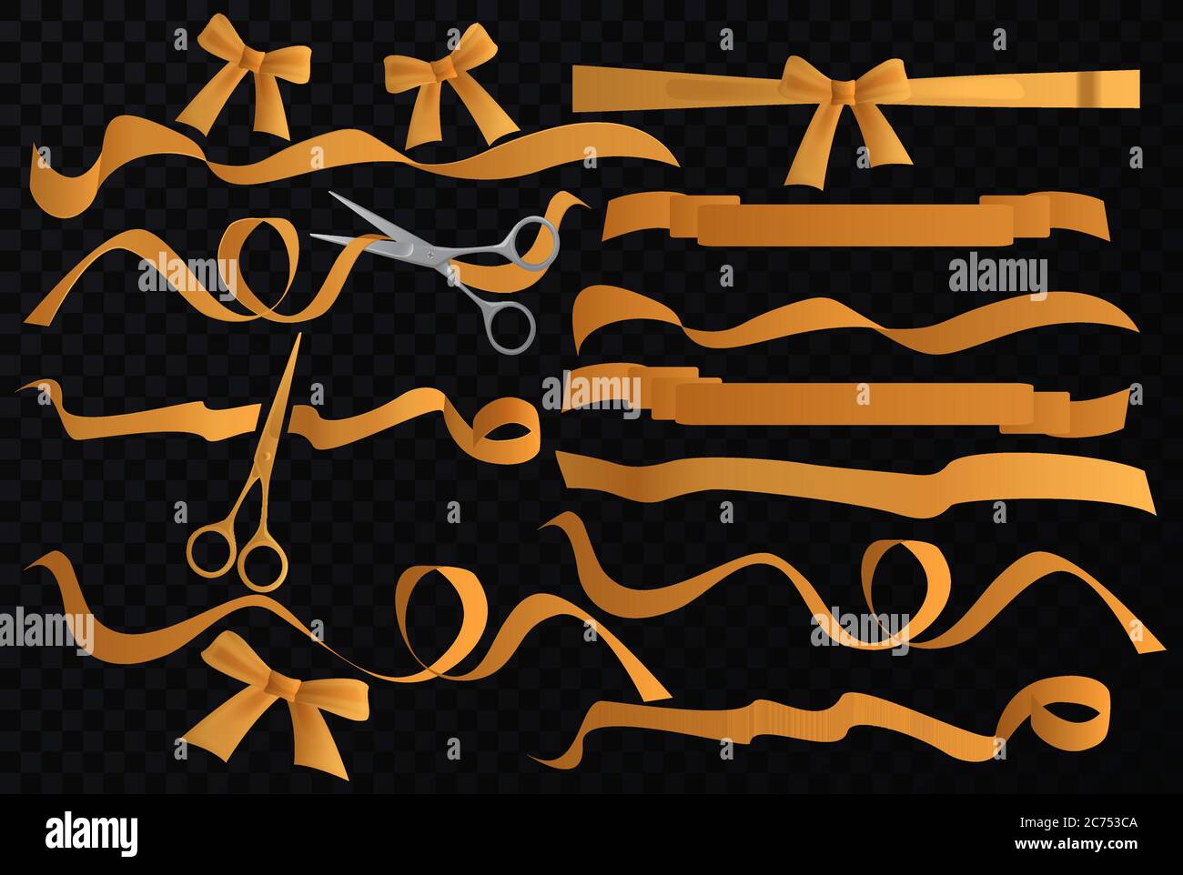 Vector Golden ribbons set with scissors on the black background Stock ...