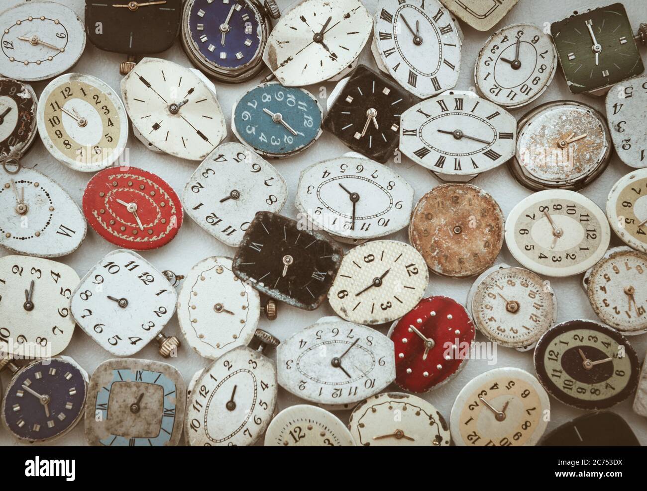 Old fashioned retro little wrist watch rusty dials with hands top view ...