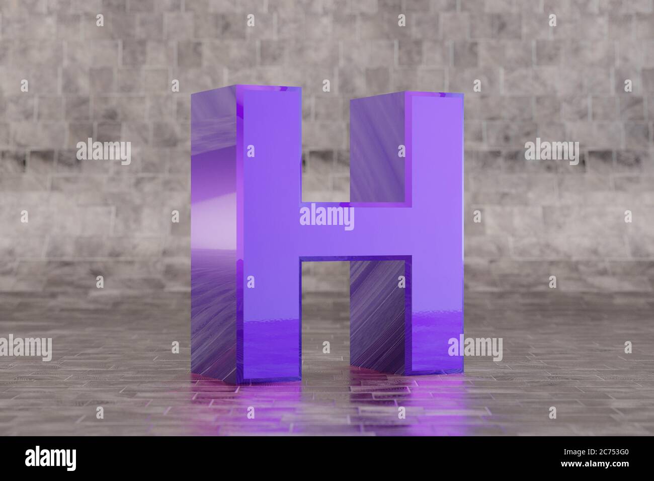 Violet 3d letter H uppercase. Glossy indigo letter on tile background ...