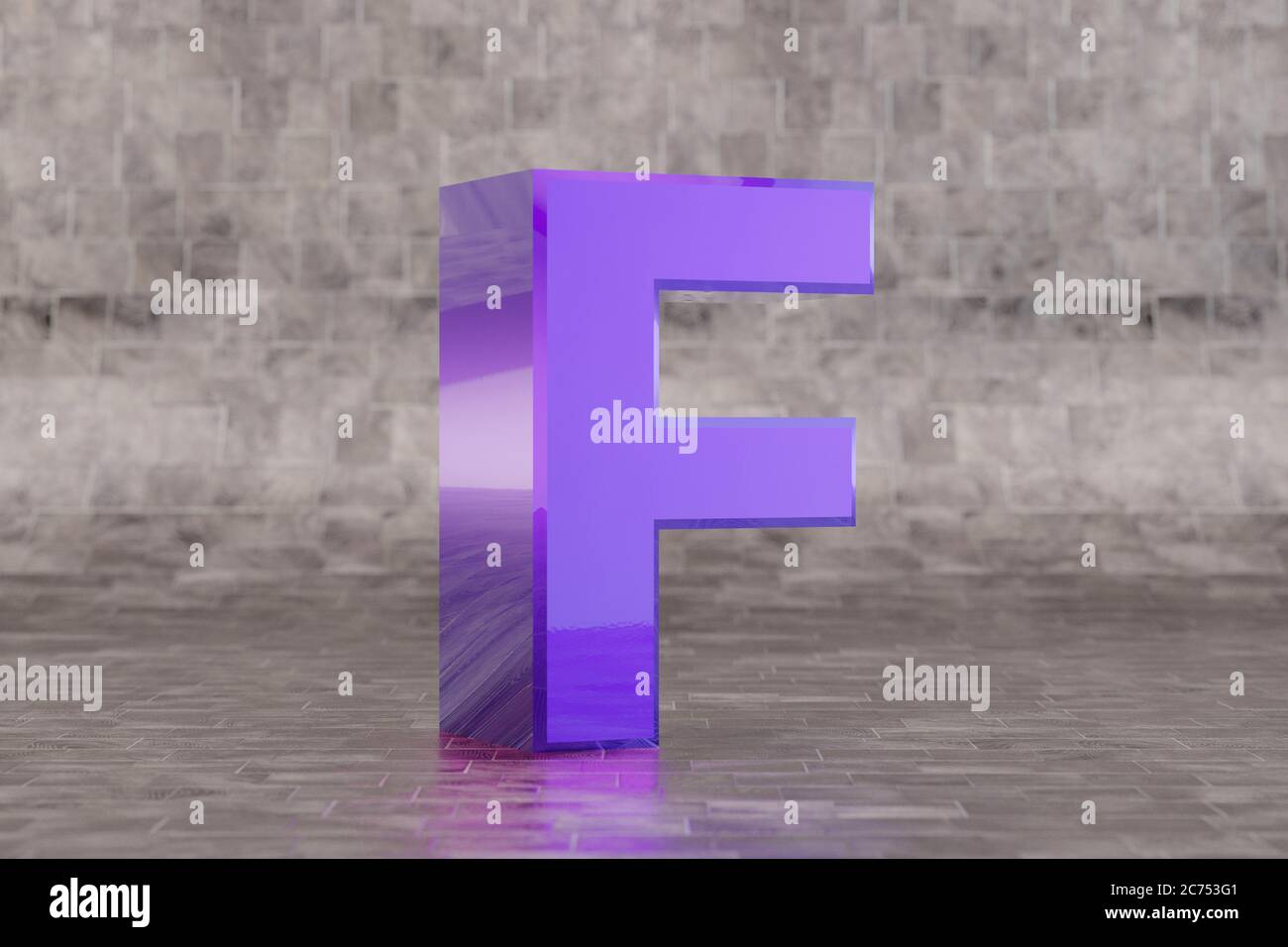 Violet 3d letter F uppercase. Glossy indigo letter on tile background ...
