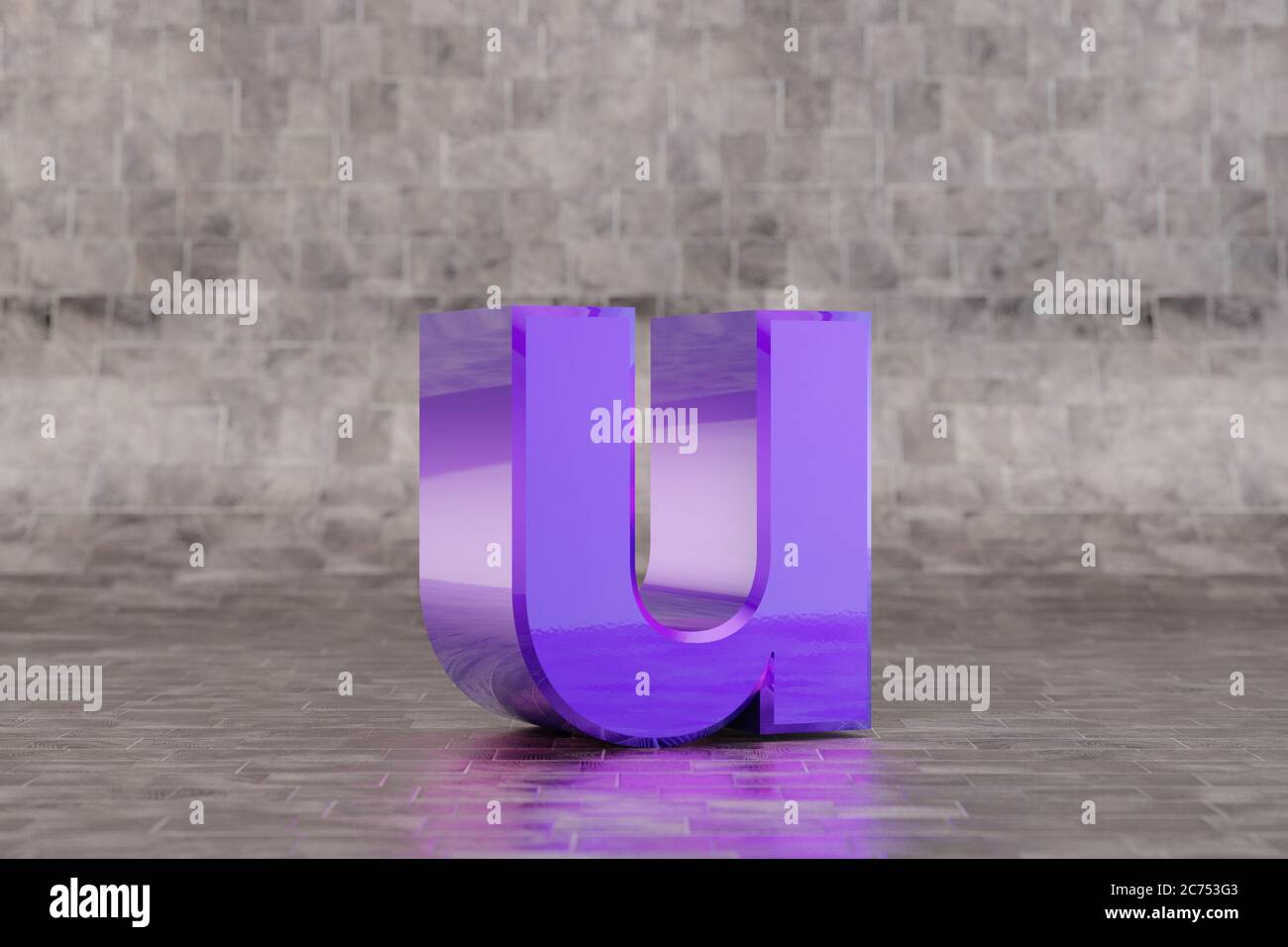 Violet 3d letter U lowercase. Glossy indigo letter on tile background ...