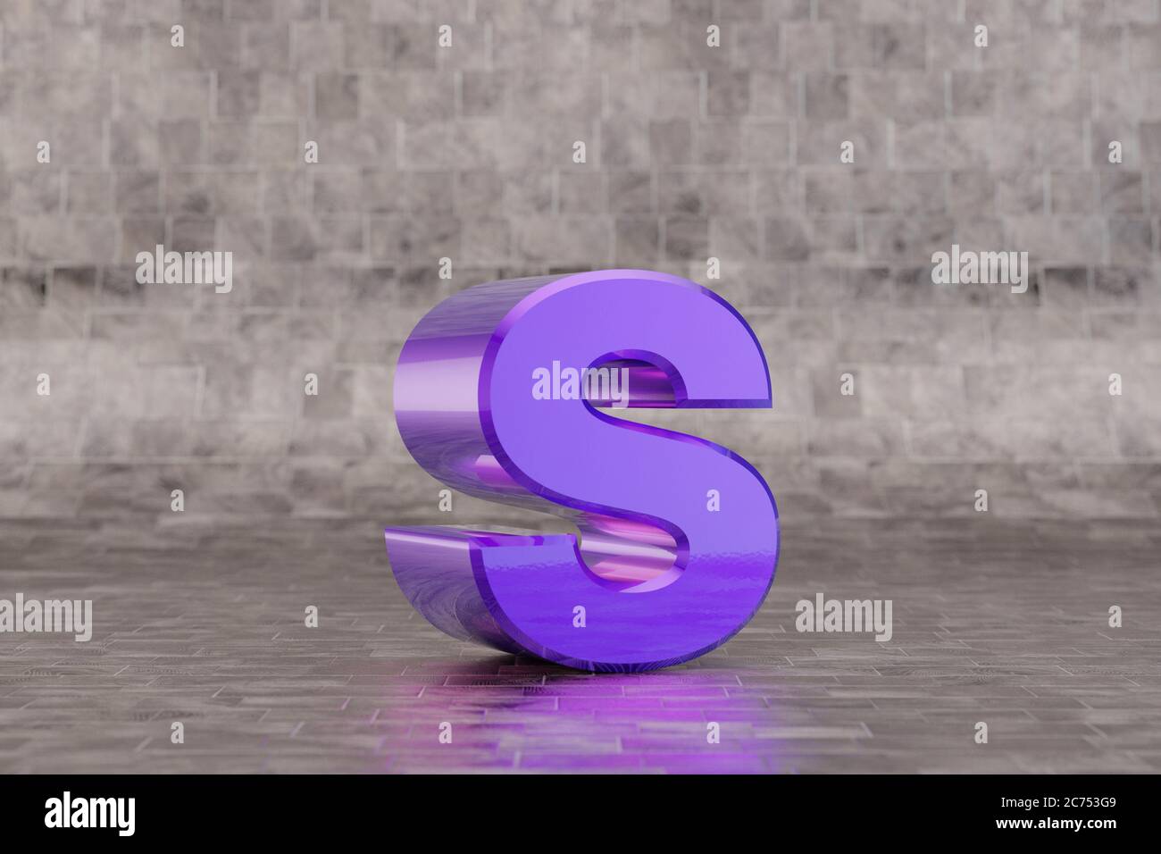 Violet 3d letter S lowercase. Glossy indigo letter on tile background ...
