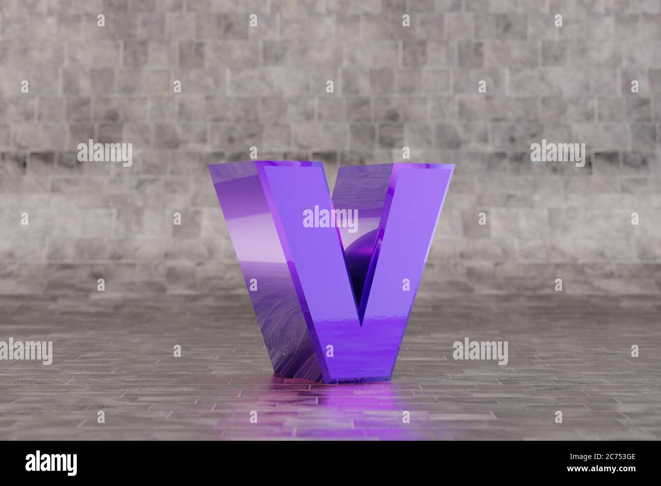 Violet 3d letter V lowercase. Glossy indigo letter on tile background ...