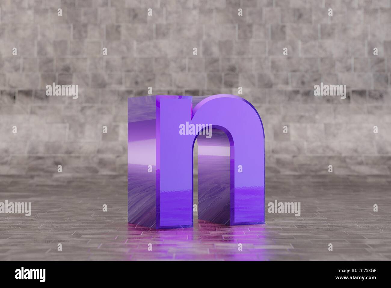 Violet 3d letter N lowercase. Glossy indigo letter on tile background ...
