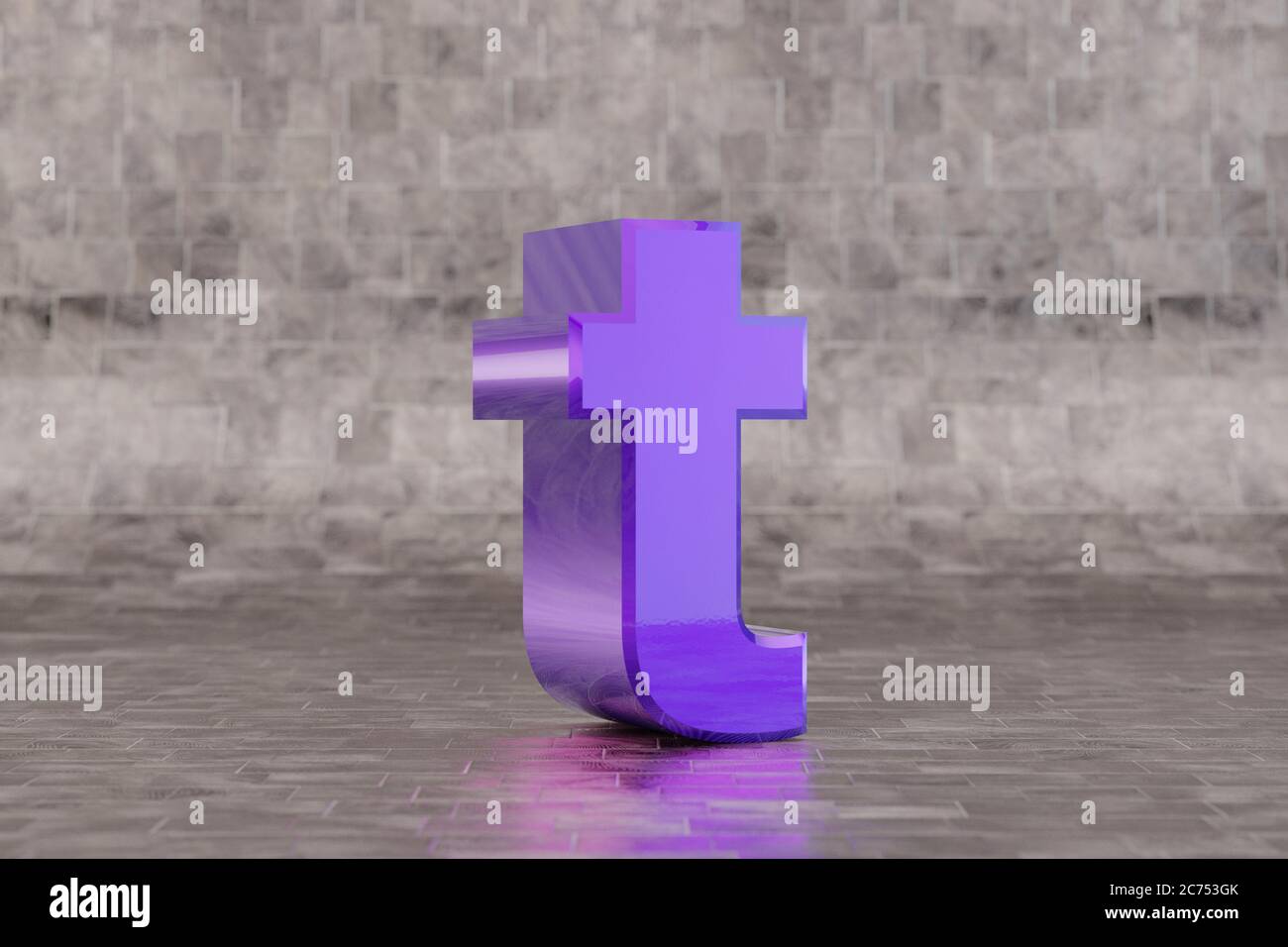 Violet 3d letter T lowercase. Glossy indigo letter on tile background ...