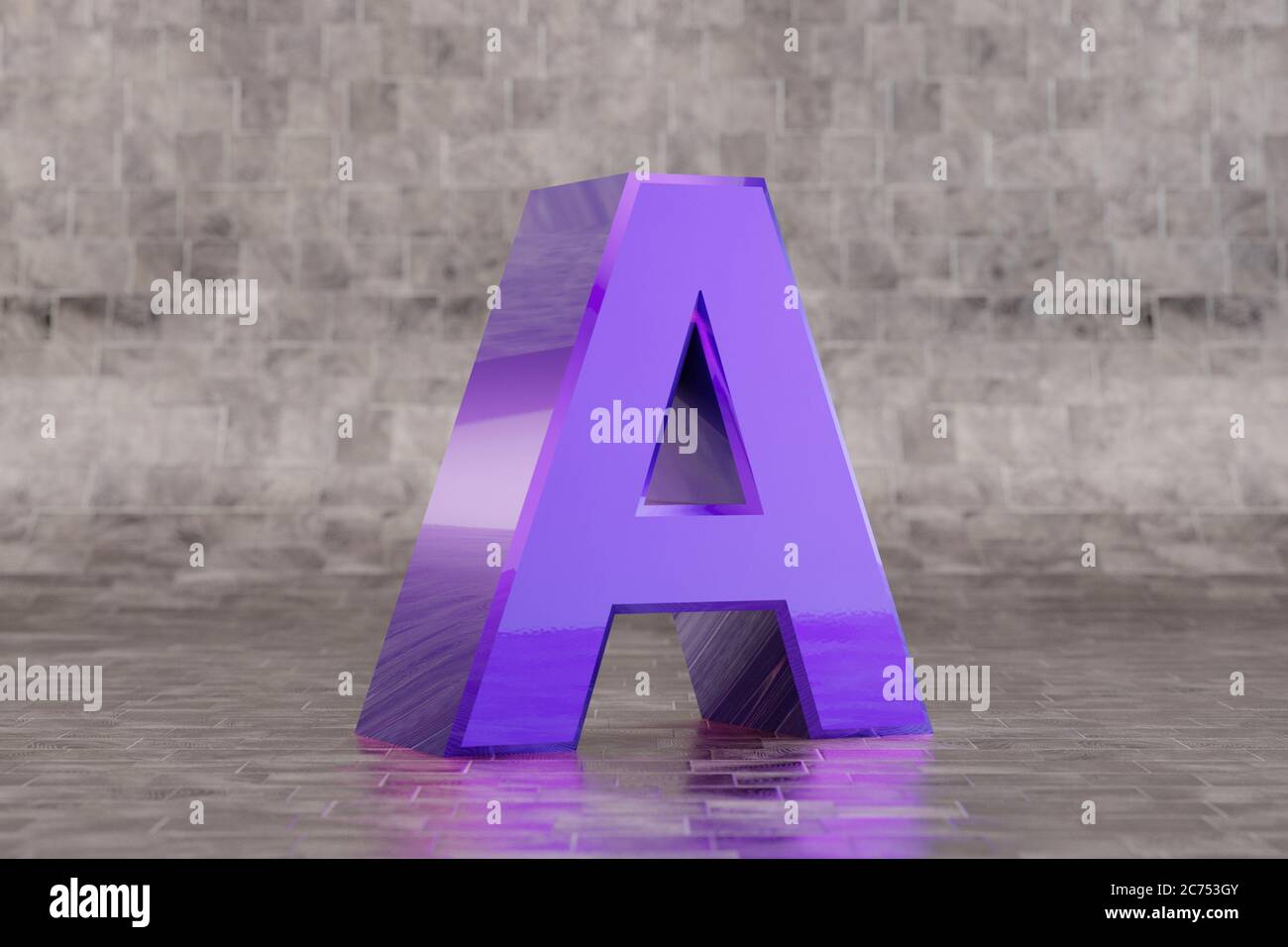 Violet 3d letter A uppercase. Glossy indigo letter on tile background ...