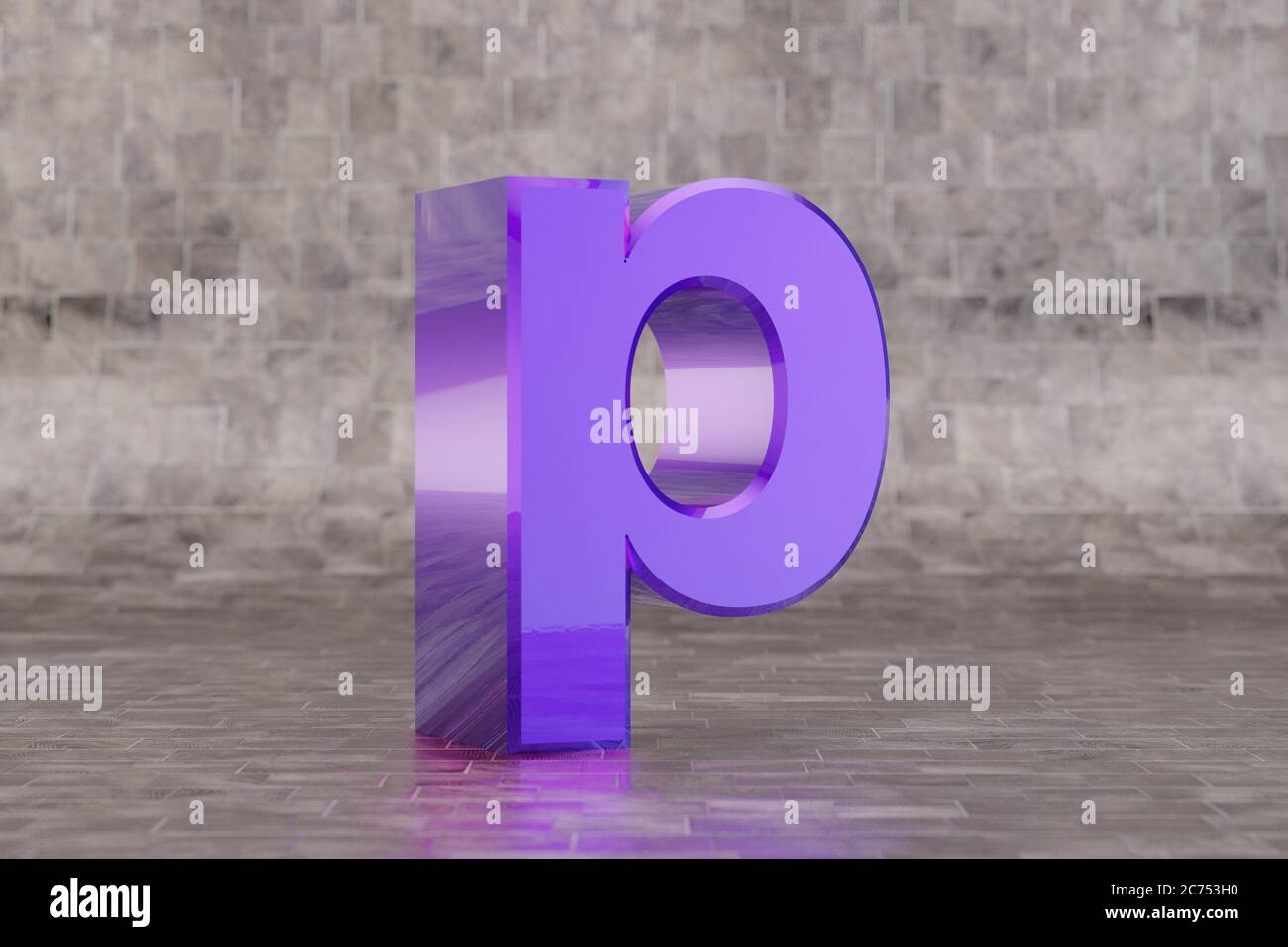 Violet 3d letter P lowercase. Glossy indigo letter on tile background ...