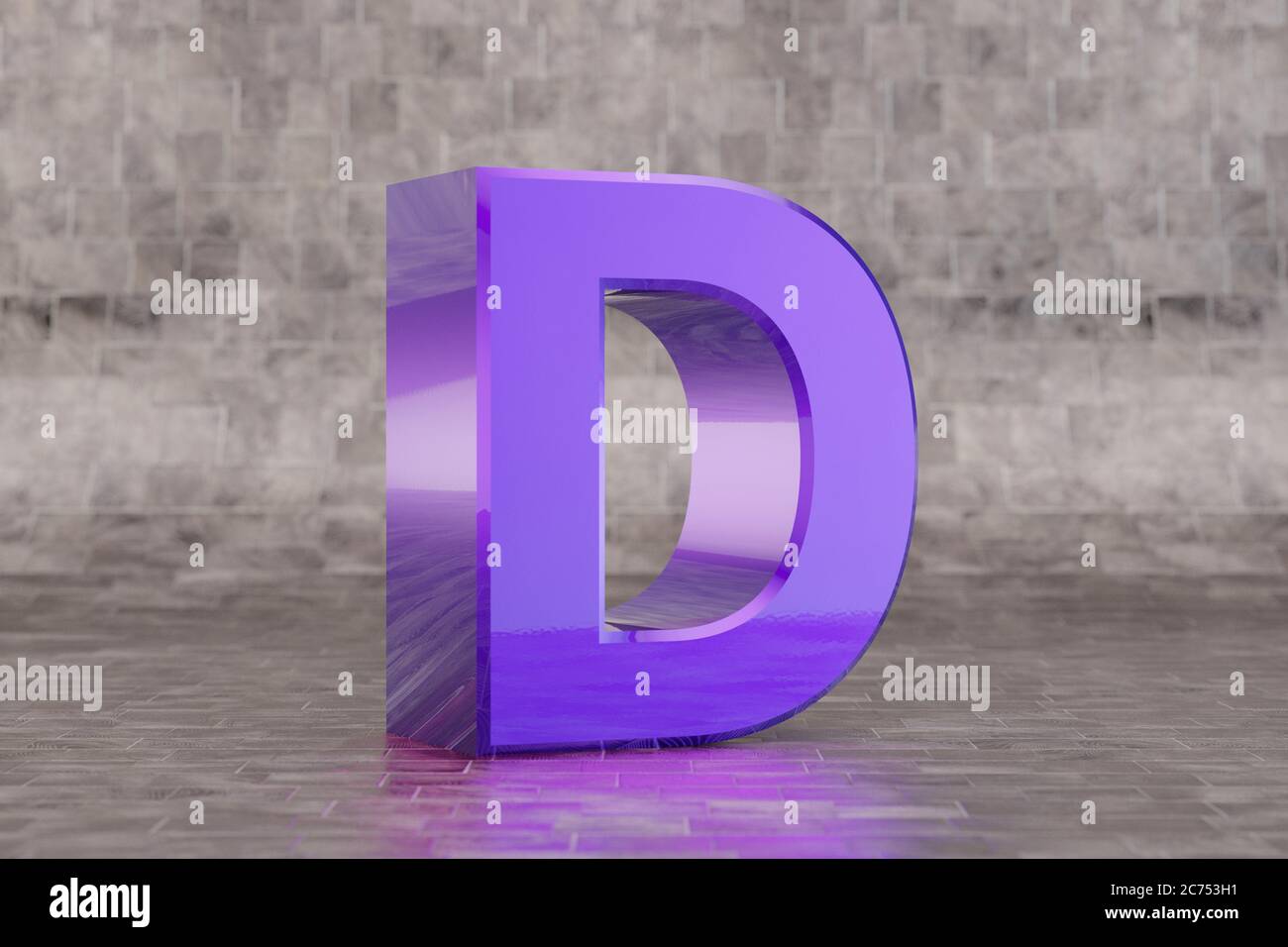 Violet 3d letter D uppercase. Glossy indigo letter on tile background ...