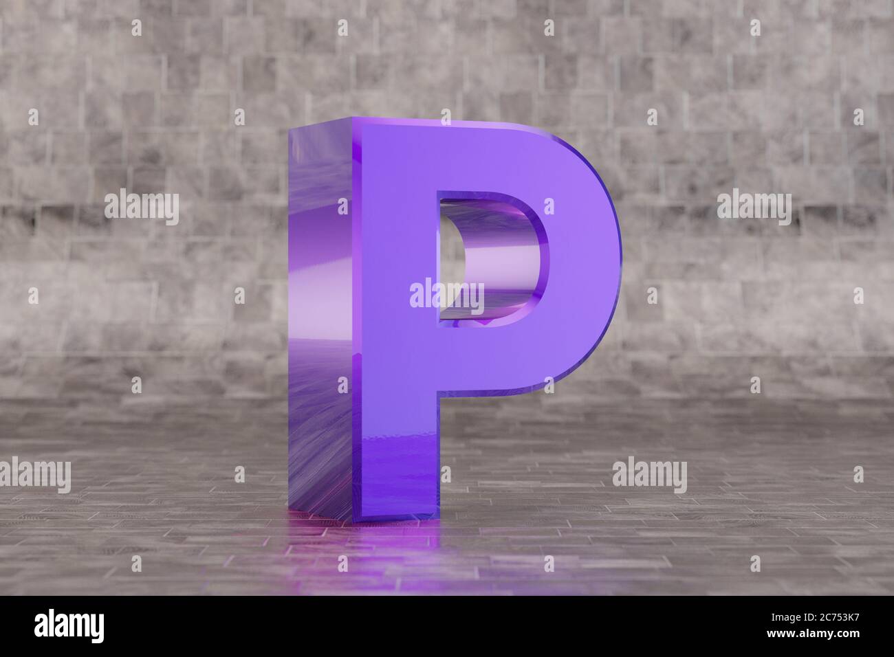 Violet 3d letter P uppercase. Glossy indigo letter on tile background ...
