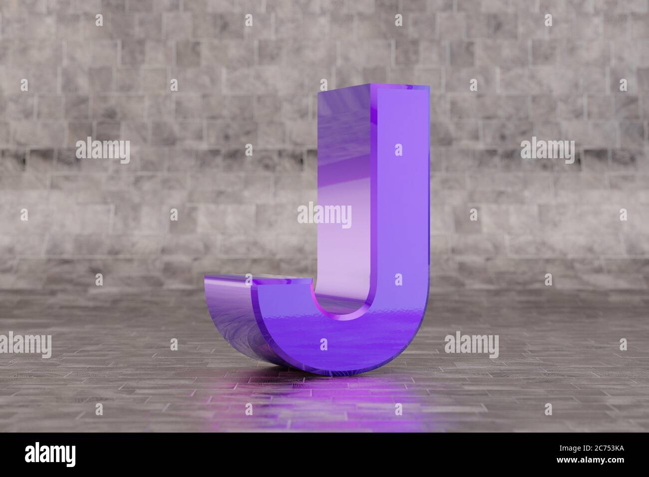 Violet 3d letter J uppercase. Glossy indigo letter on tile background ...