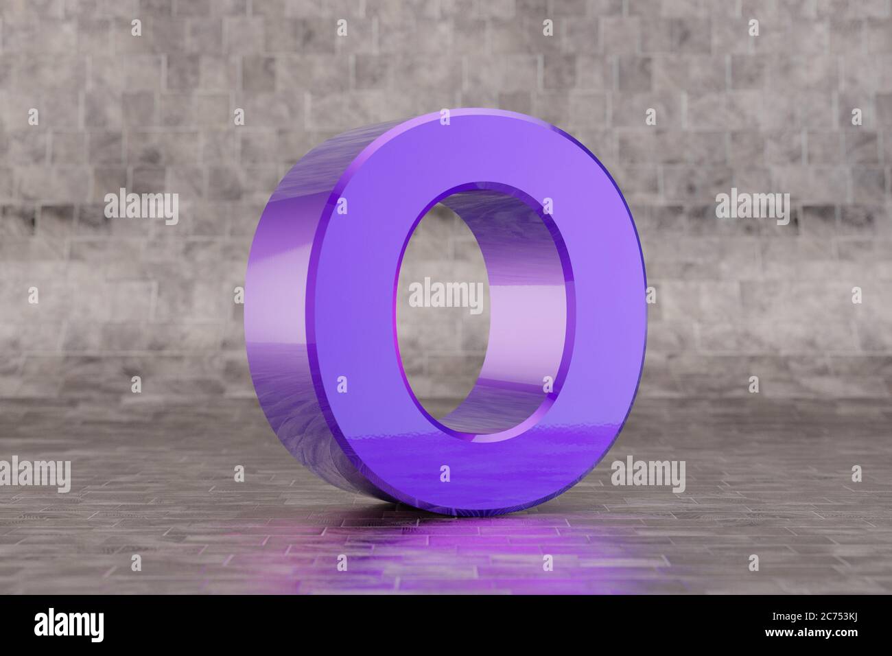 Violet 3d letter O uppercase. Glossy indigo letter on tile background ...
