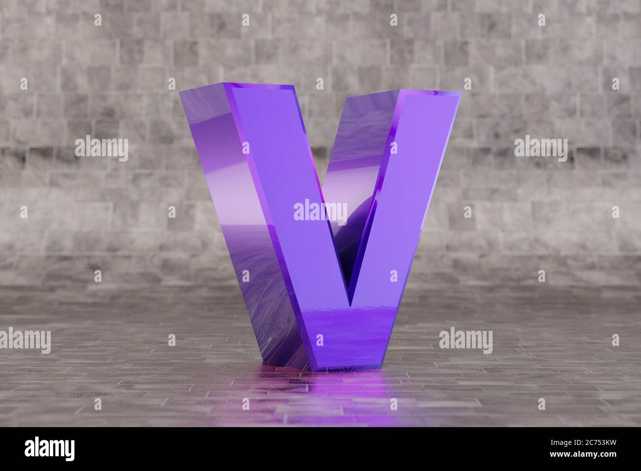 Violet 3d letter V uppercase. Glossy indigo letter on tile background ...