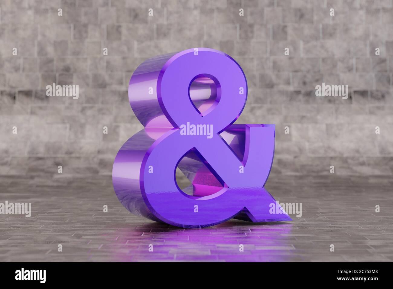 Violet 3d ampersand symbol. Glossy indigo sign on tile background ...