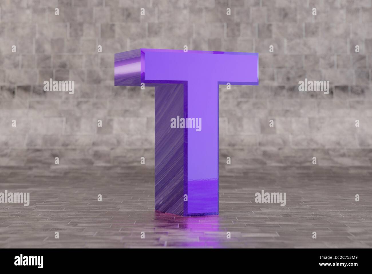 Violet 3d letter T uppercase. Glossy indigo letter on tile background ...
