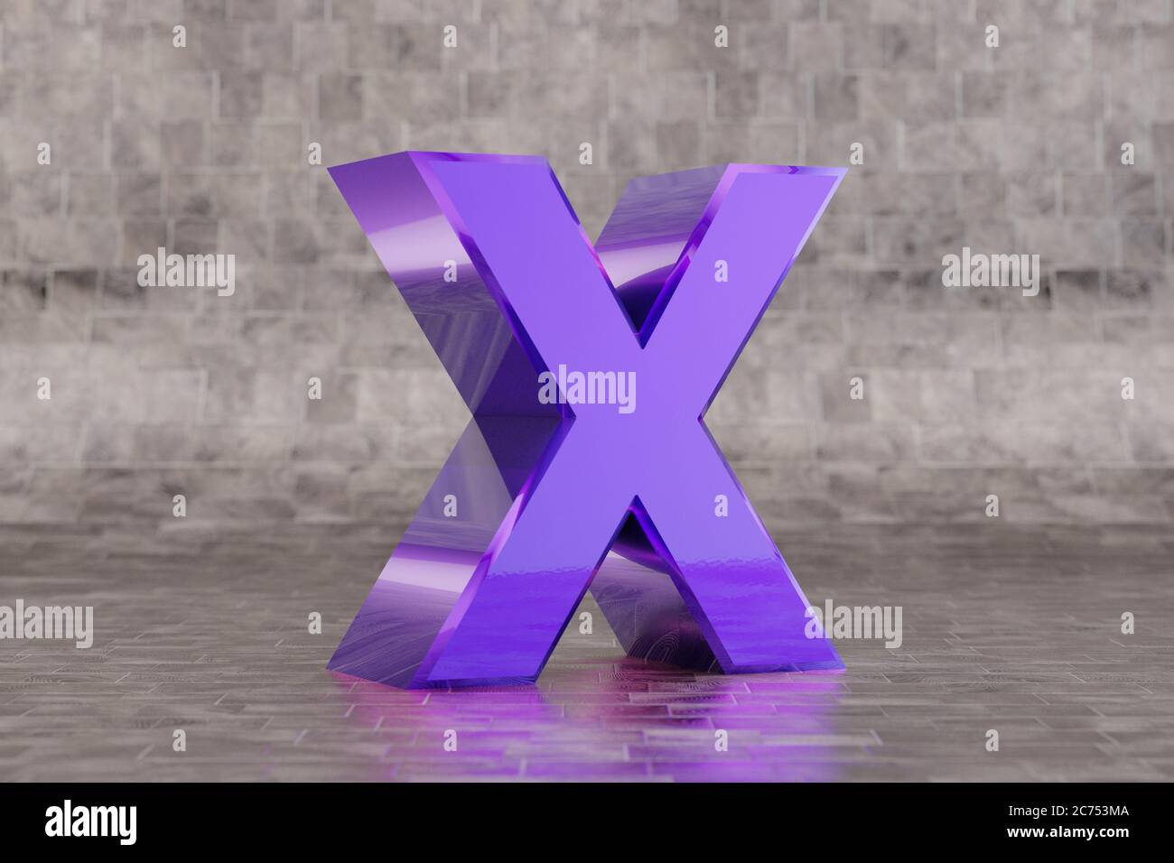 Violet 3d letter X uppercase. Glossy indigo letter on tile background ...