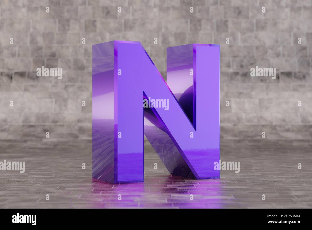 Violet 3d letter N uppercase. Glossy indigo letter on tile background ...