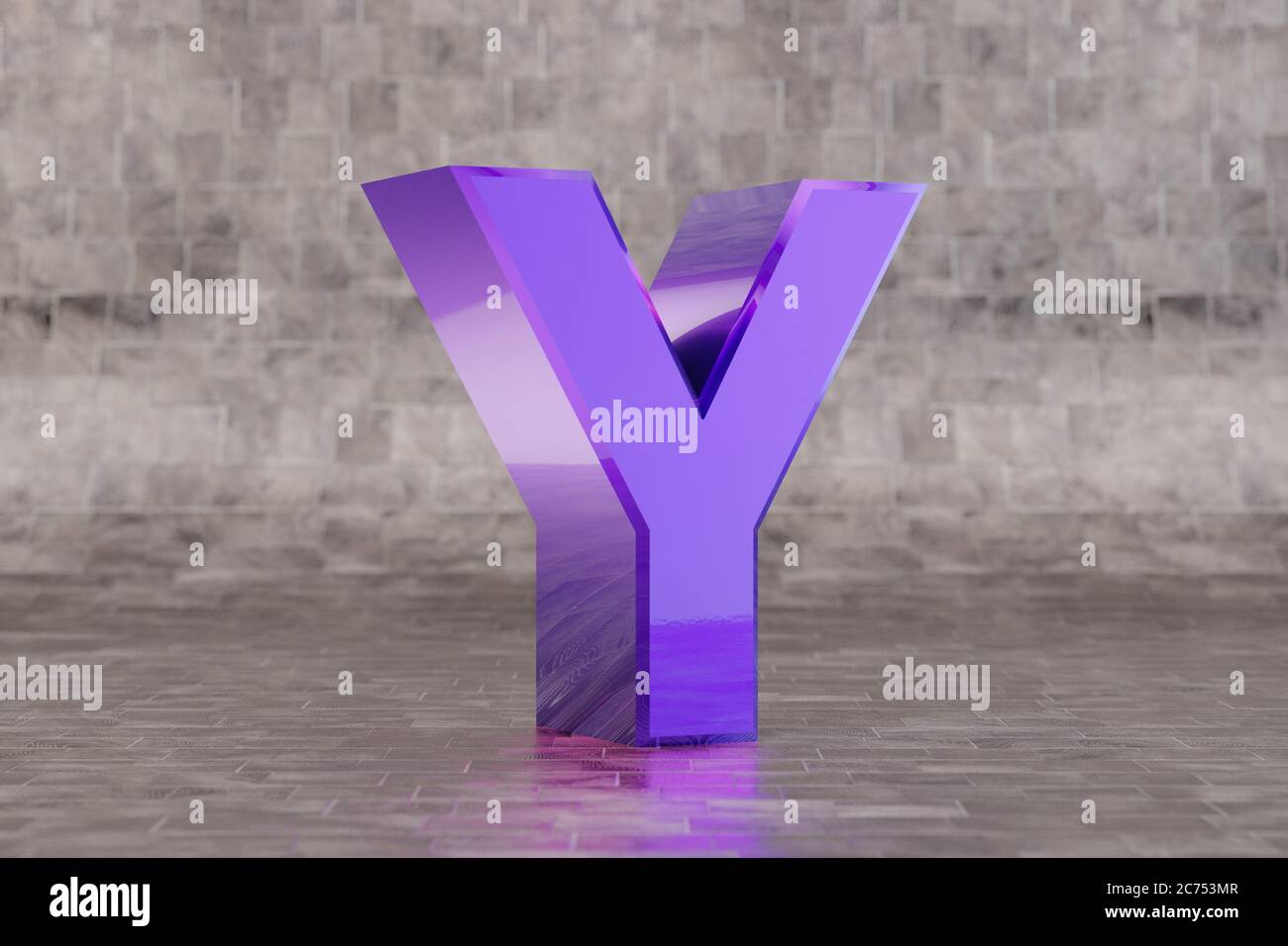 Violet 3d letter Y uppercase. Glossy indigo letter on tile background ...