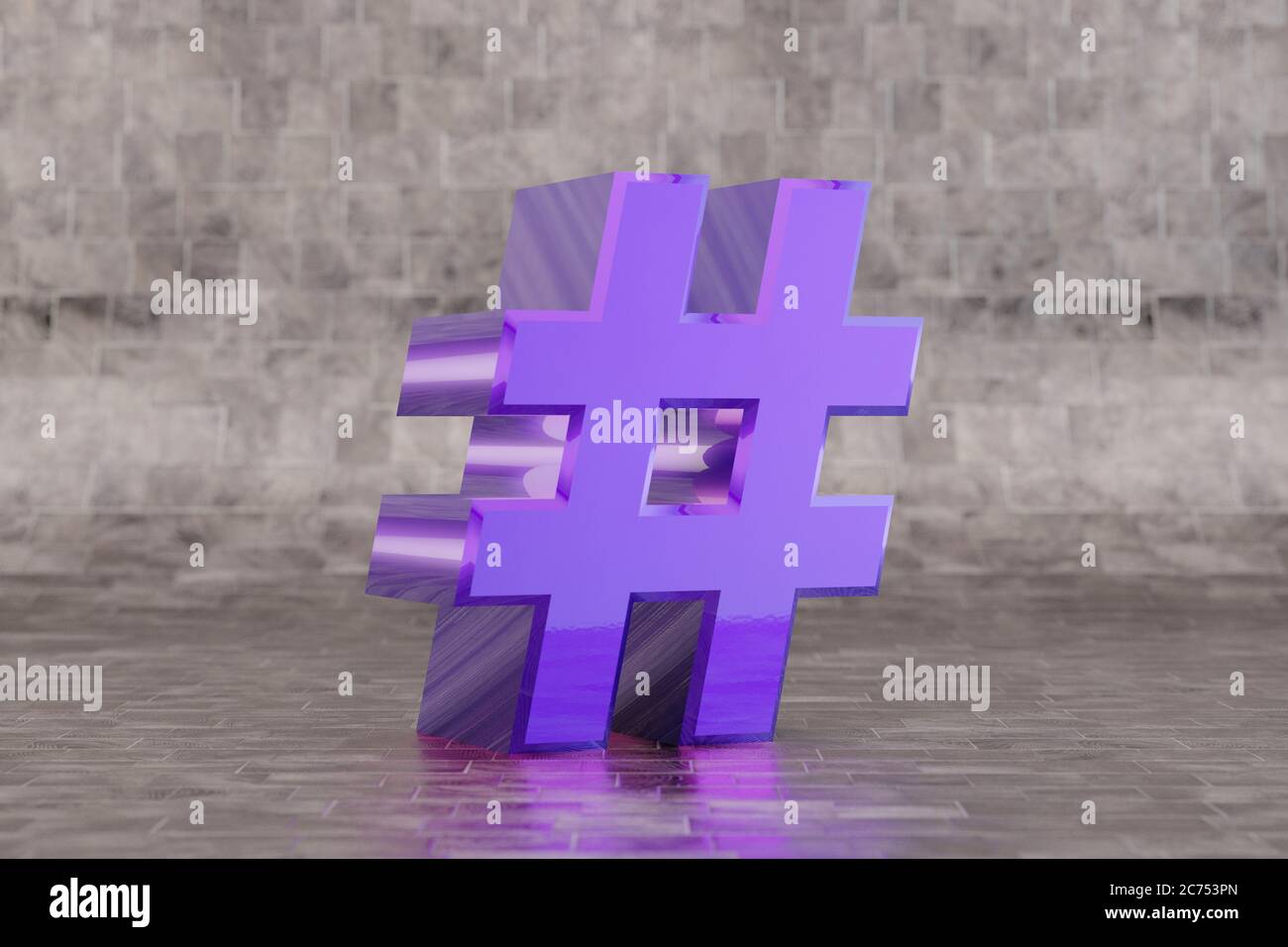 Violet 3d hashtag symbol. Glossy indigo sign on tile background ...
