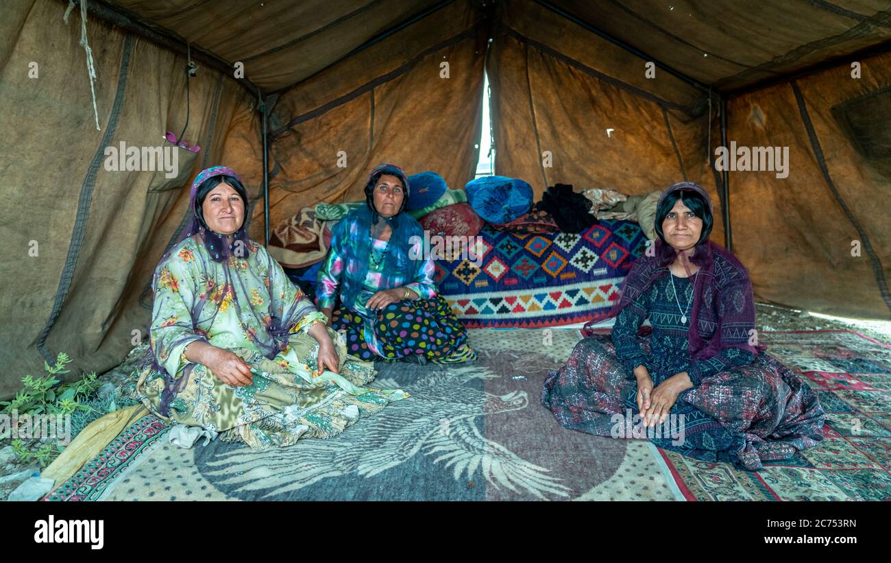 Shiraz, Iran - May 2019: Qashqai nomadic women inside a tent. The ...