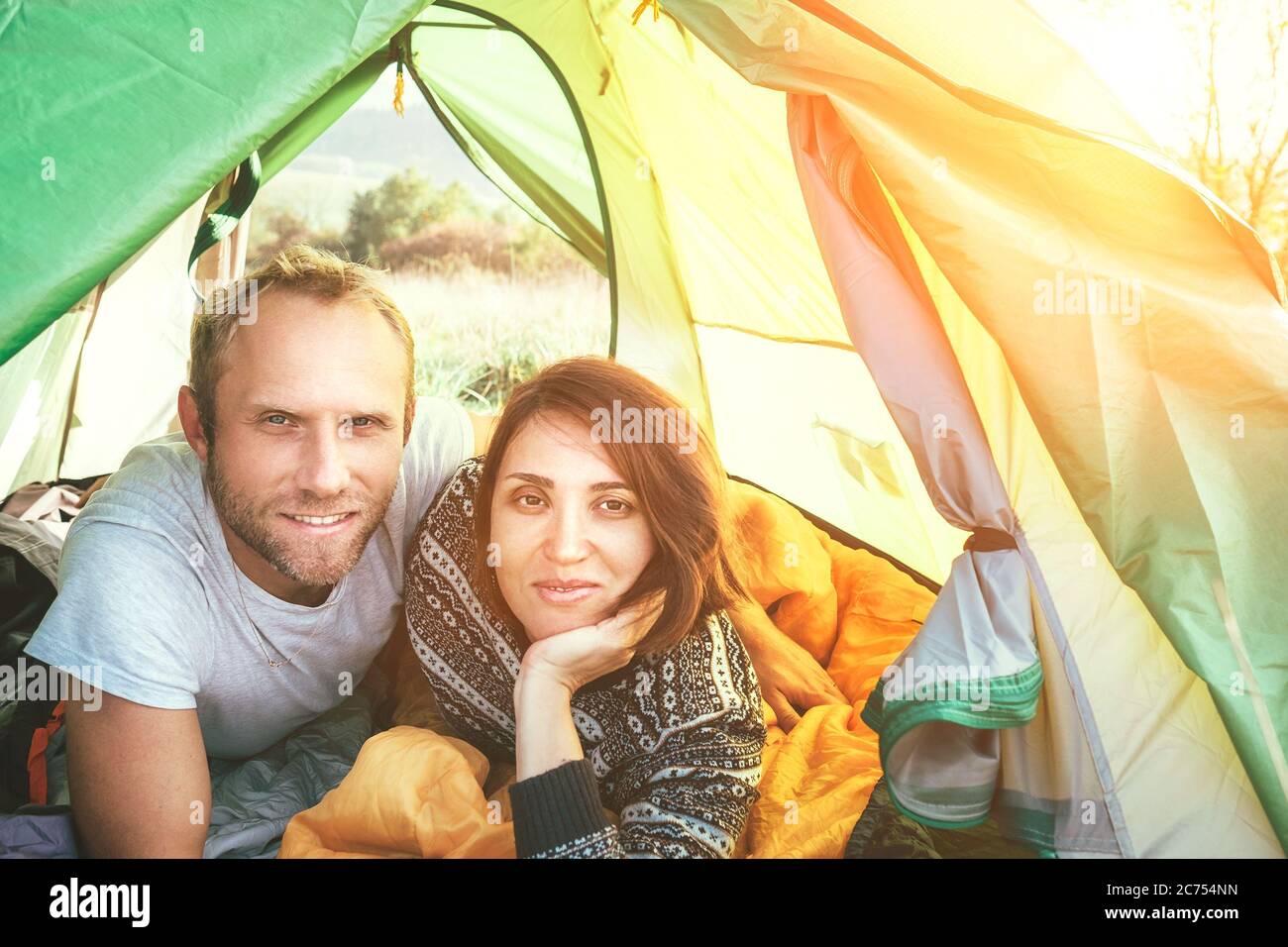 Portrait of Marriage couple meet morning in the green color tent ...