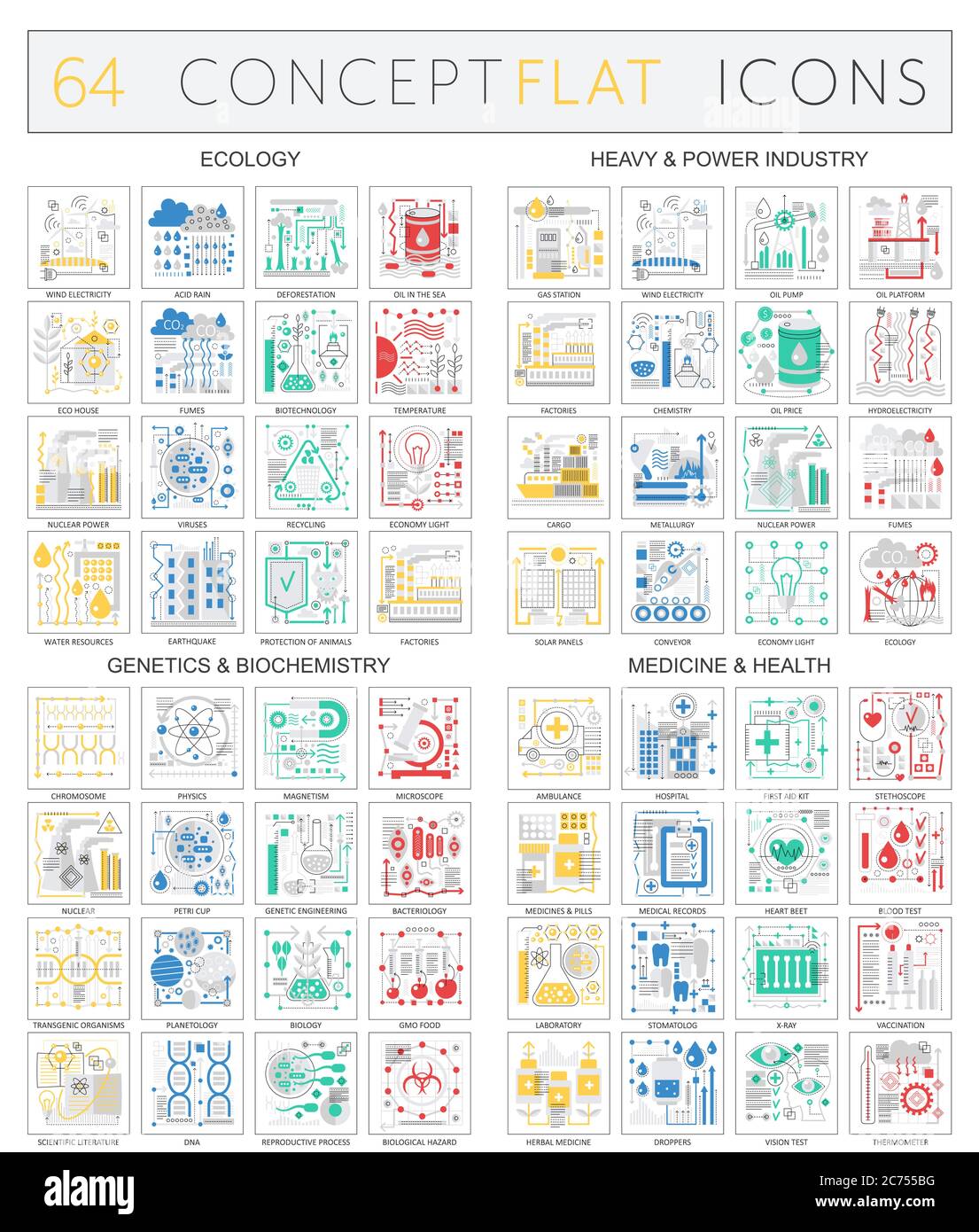 Infographics concept icons of ecology, heavy power technology, genetics biochemistry, medicine ...