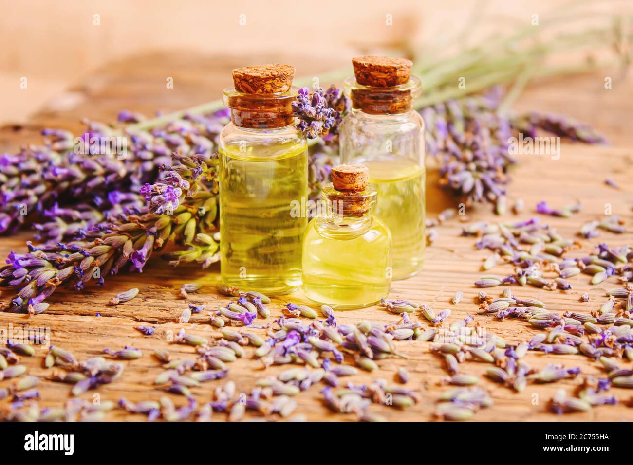 Lavender essential oil in a small bottle. Selective focus. nature Stock ...