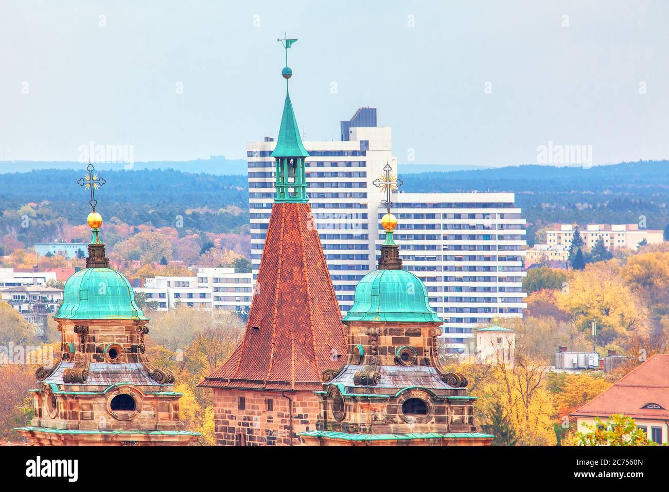 Spire and steeple of old town . Top view of cathedral in Nuremberg ...