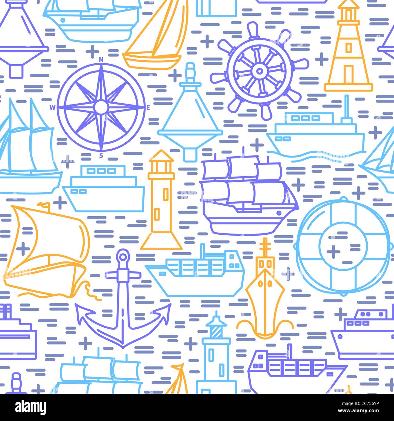 Sea seamless pattern in line style with ships and nautical symbols ...