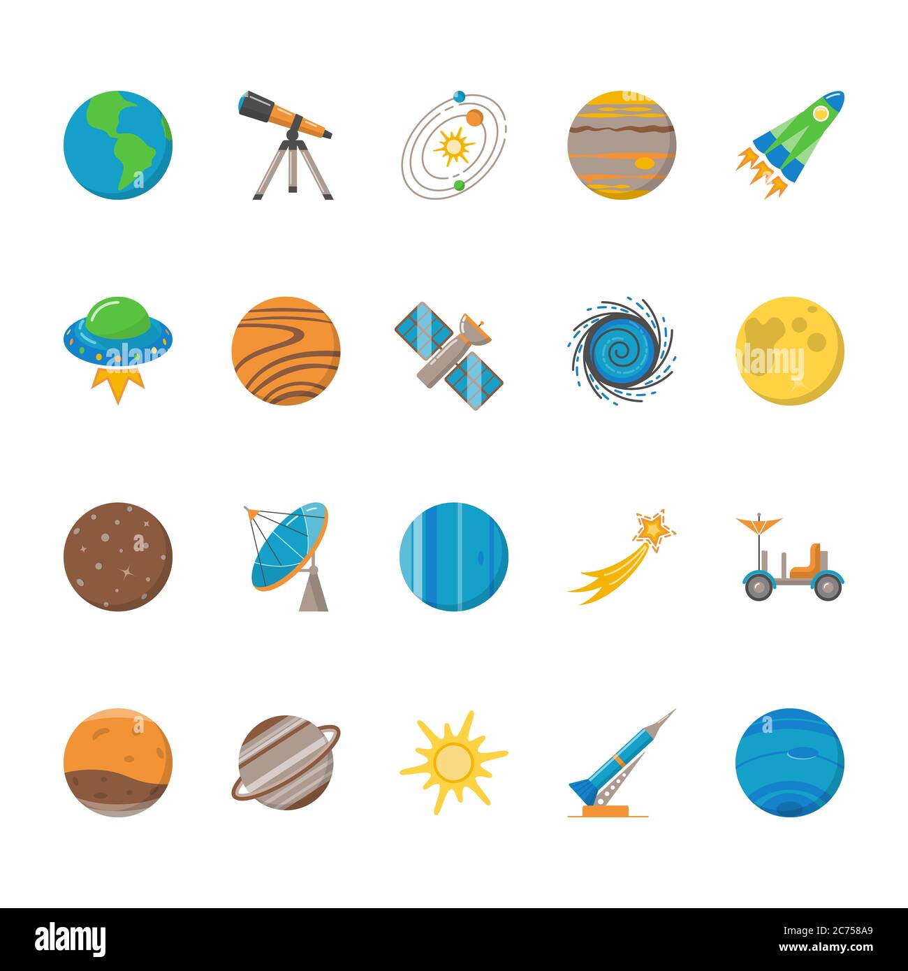 Space exploration icons collection in flat style. Spaceship, Solar system planets, rocket and ...
