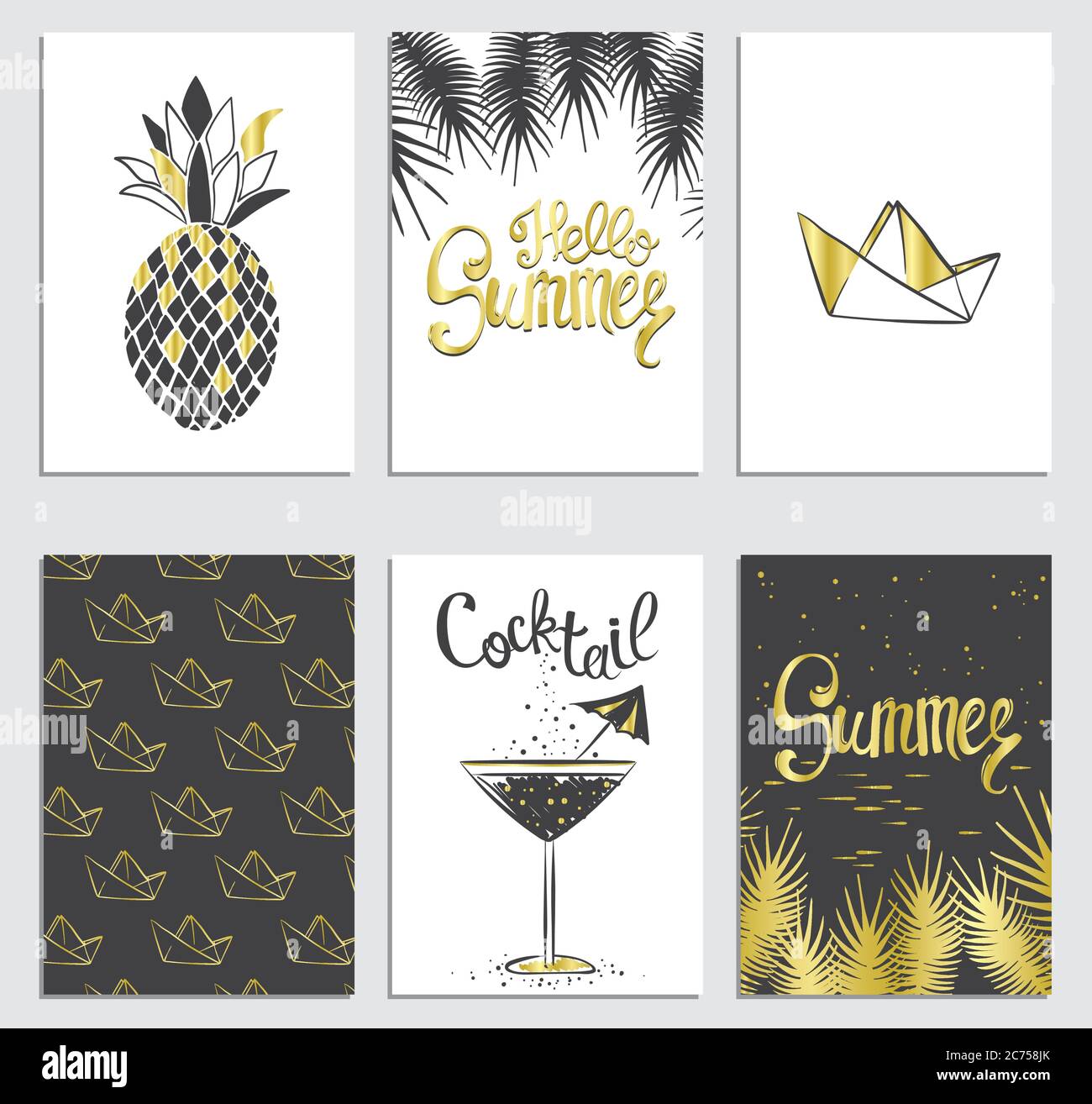 A set of stylish summer cards. Watermelon, ice cream, sun, bananas ...