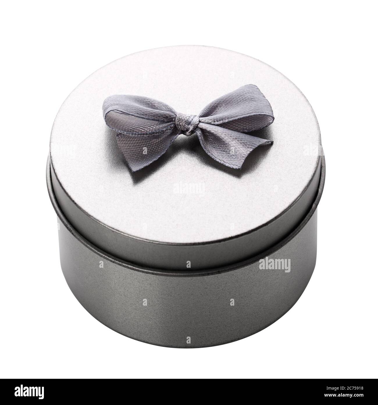 Round metal gift box on a white background Stock Photo - Alamy
