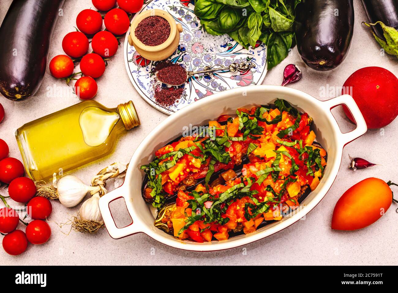 Imam Bayildi traditional Turkish famous food. Stuffed eggplants with ...