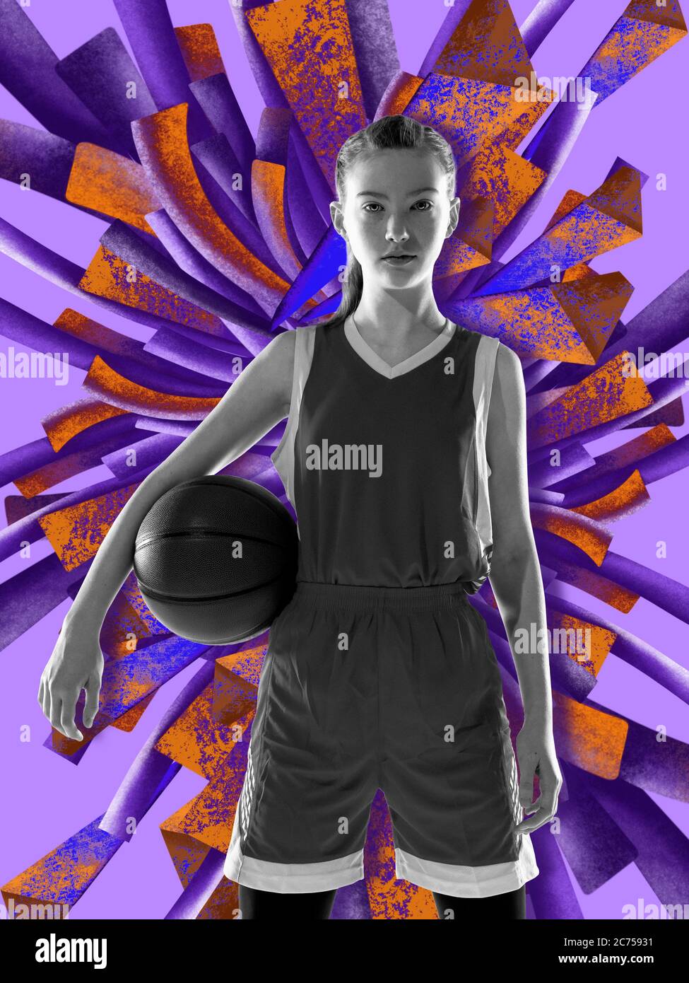 Young female basketball player posing with colourful art drawings in ...