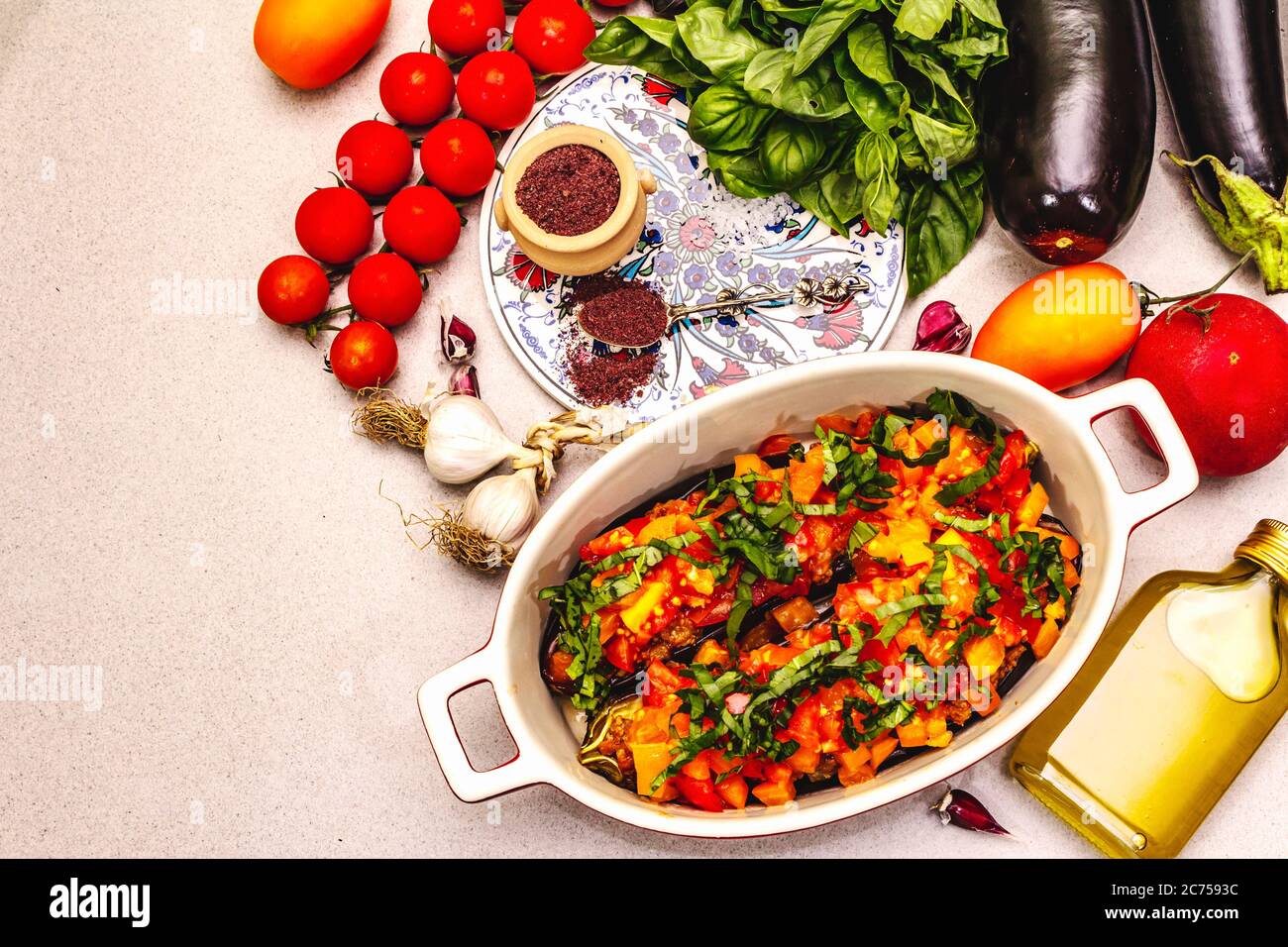 Imam Bayildi traditional Turkish famous food. Stuffed eggplants with ...