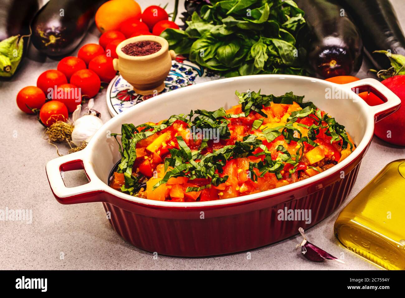 Imam Bayildi traditional Turkish famous food. Stuffed eggplants with ...