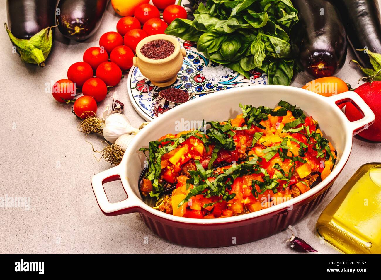 Imam Bayildi traditional Turkish famous food. Stuffed eggplants with ...