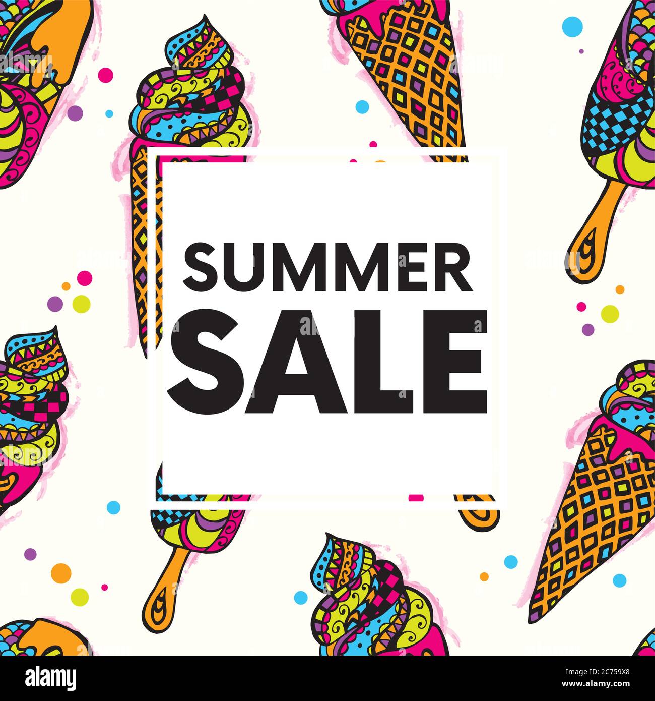 A set of stylish summer cards. Watermelon, ice cream, sun, bananas ...
