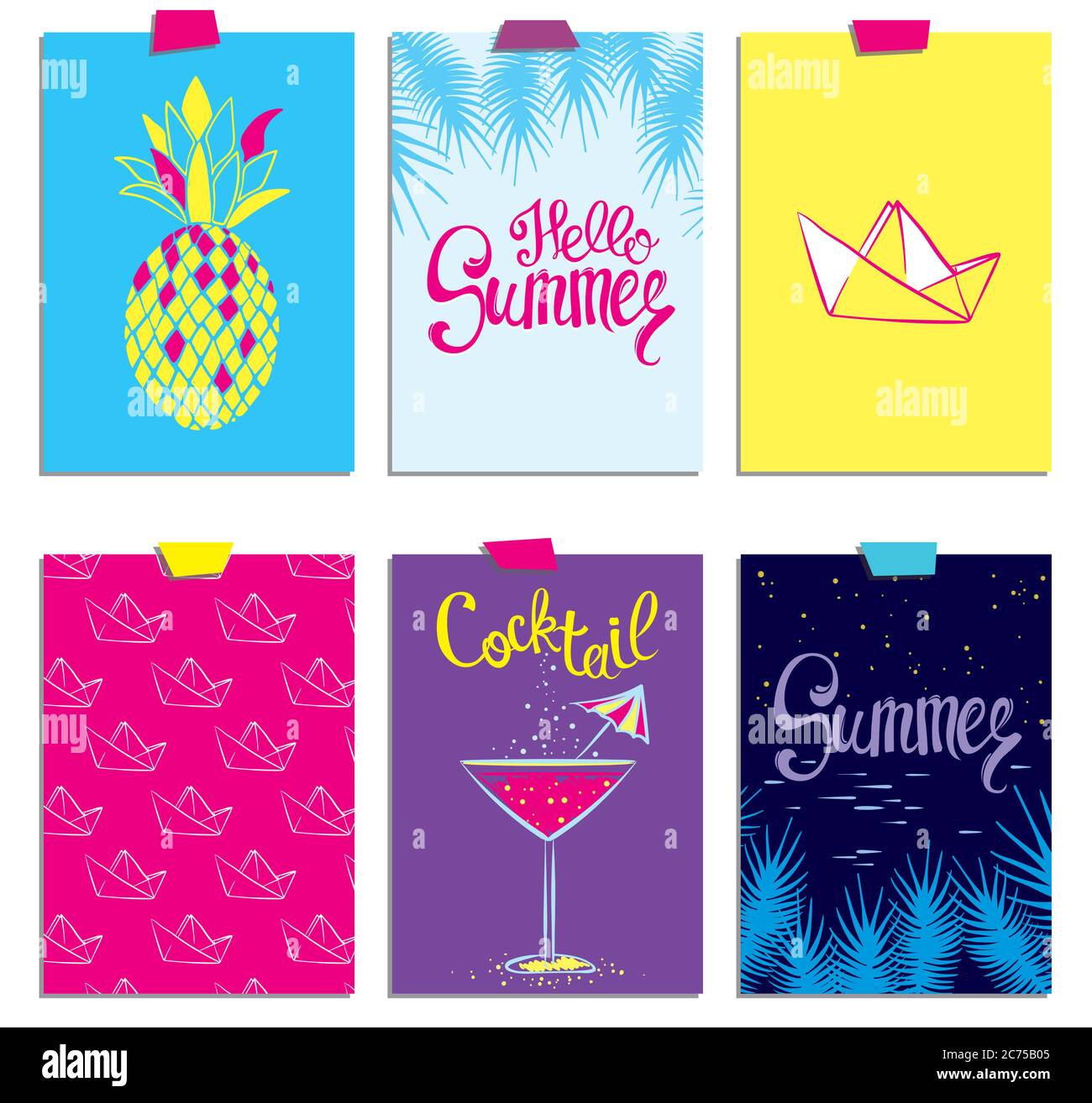 A set of stylish summer cards. Watermelon, ice cream, sun, bananas ...