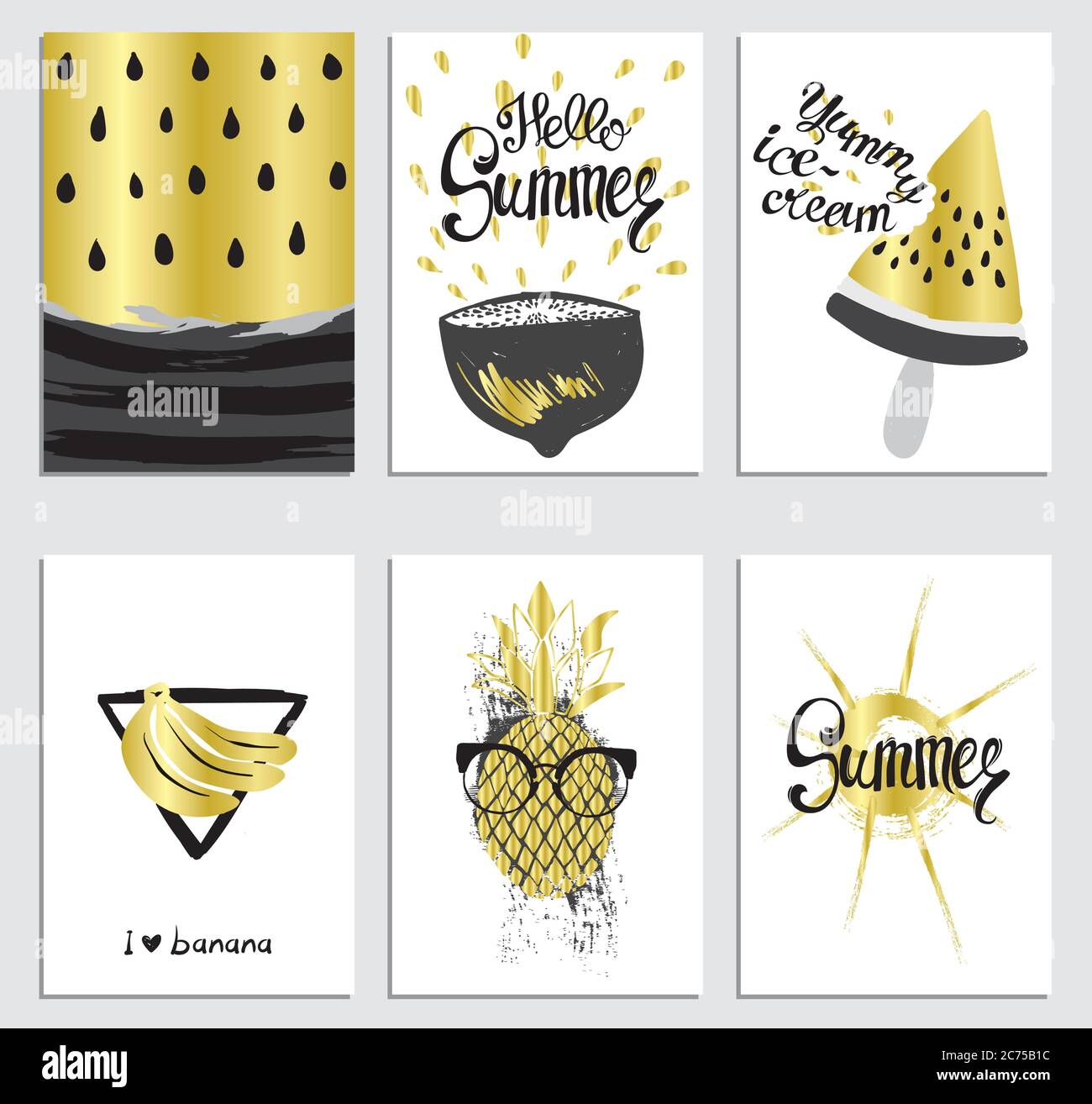 A set of stylish summer cards. Watermelon, ice cream, sun, bananas ...