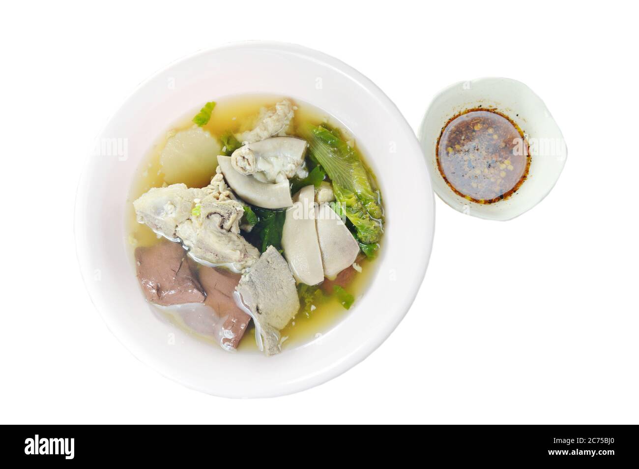 boiled pork blood with entrails in soup on bowl and spicy sauce Stock ...